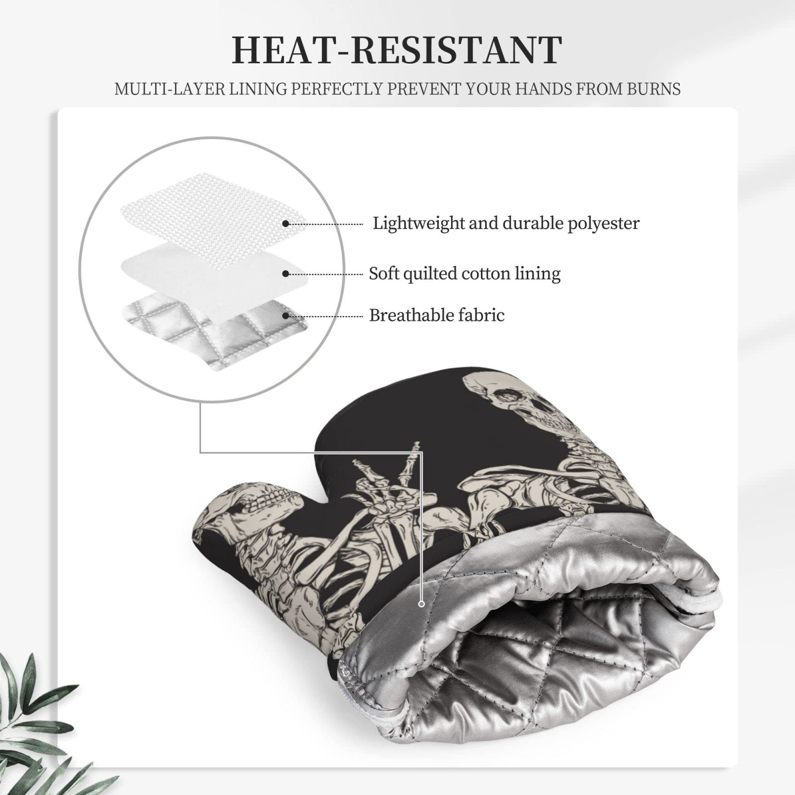 Silicone Heat Resistant Oven Mitts Set, Halloween Human Skull Skeleton Best Friend Waterproof Non-Slip Thick Gloves for Kitchen BBQ Cooking Grilling Baking, Sets of 2, 11 in