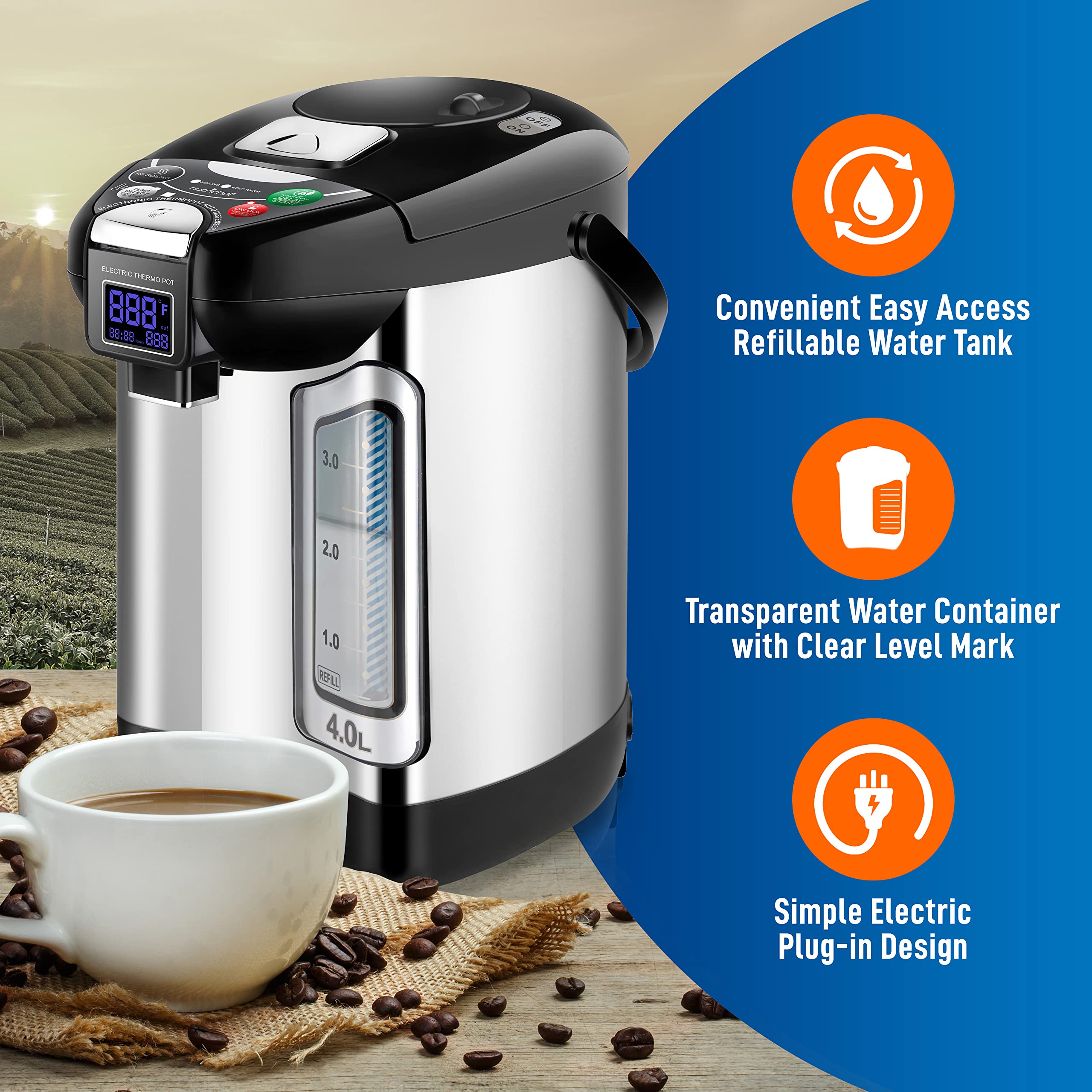 NutriChef Digital Water Boiler and Warmer - 3L/3.17 Qt Stainless Electric Hot Water Dispenser w/ LCD Display, Rotating Base, Keep Warm, Auto Shut Off, Safety Lock, Instant Heating for Coffee & Tea