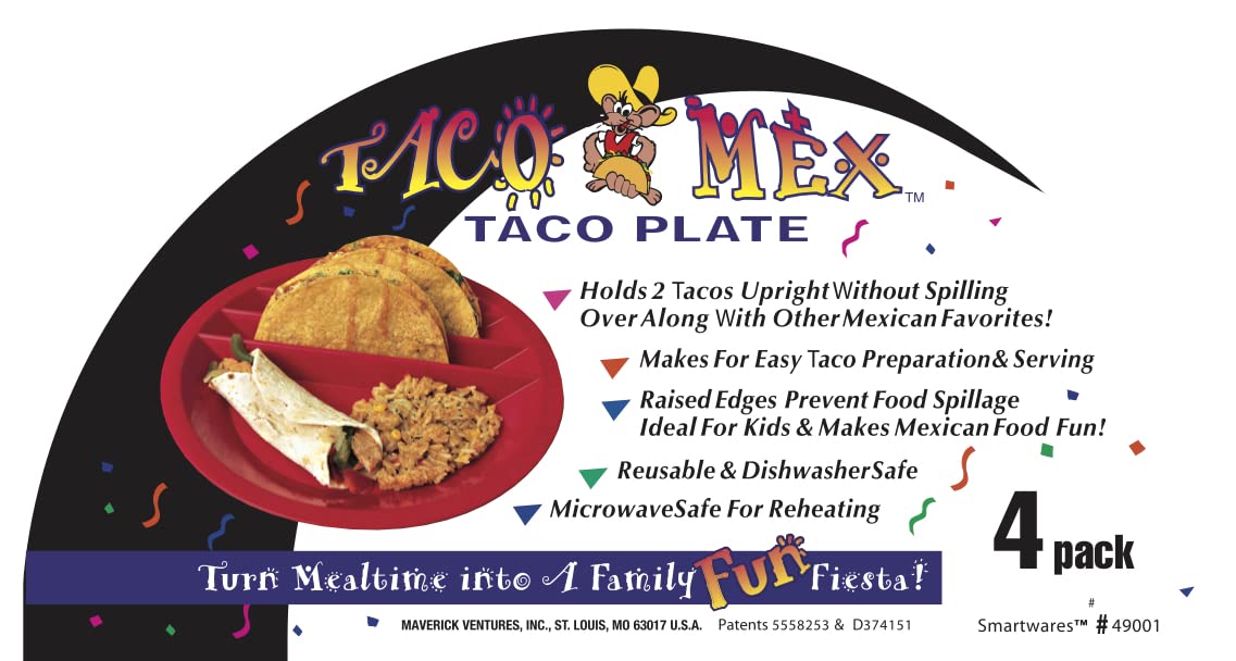 Taco Mex Taco Plate, Reusable, Round, Preparation and Serving Plate, for Soft and Hard Shell Tacos, 10.75 inch Plastic, Uber Look and Quality, Microwave Safe, 4 Pack Set, Red