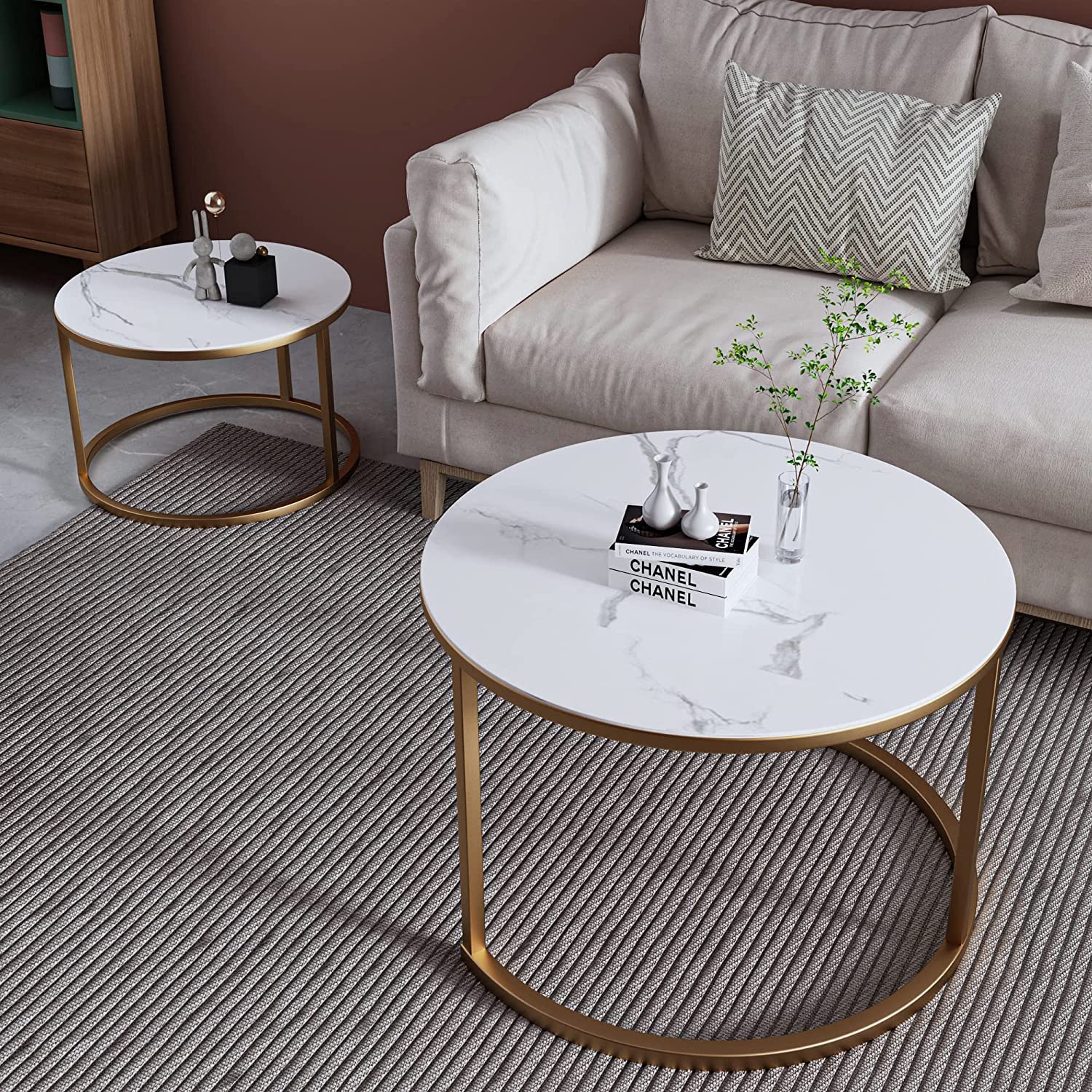 Nesting Coffee Table for Living Room, Set of 2 Modern Round Accent Table, Slate Center Table with Sturdy Metal Frame for Small Space, Easy to Assemble (White)