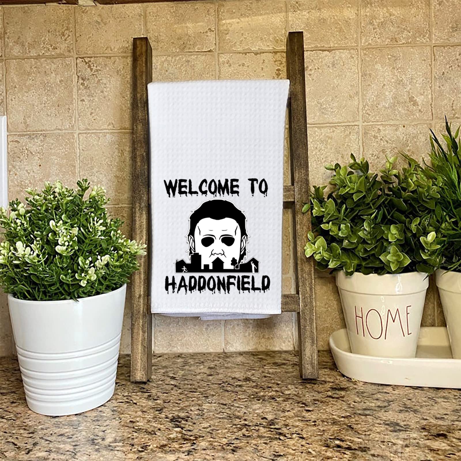 WCGXKO Halloween Welcome to Haddonfield Novelty Dish Towel Funny Kitchen Decor Cute Housewarming Gift (Welcome to Haddonfield)
