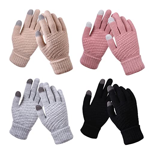 Unaone 4 Pcs Winter Gloves for Women, Touch Screen Warm Gloves Soft Knit Lining and Elastic Cuff Touchscreen Texting Gloves