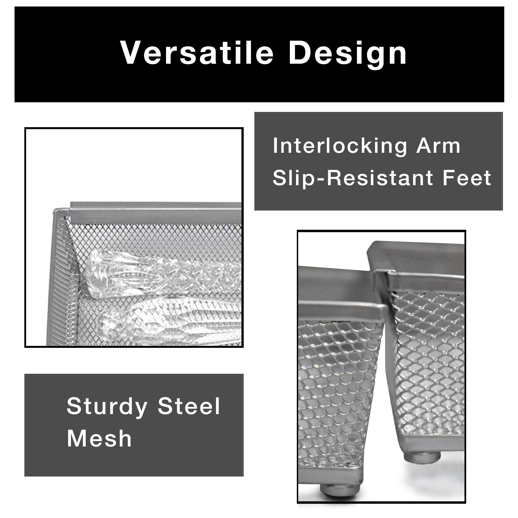 Smart Design Drawer Organizer Bundle - Steel Metal Mesh Tray with Interlocking Arm Connection β Silverware Organizer for Kitchen, Office Supplies, Utensils - 9 x 3 Inch and 15 x 6 Inch - Silver