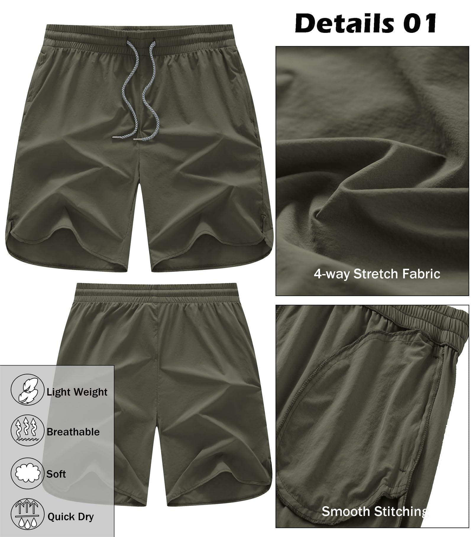 Oelise Men's 2 Pack Gym Shorts Running Jogger Quick Dry Athletic Bodybuilding Pants with Pockets Black and Olive Green L