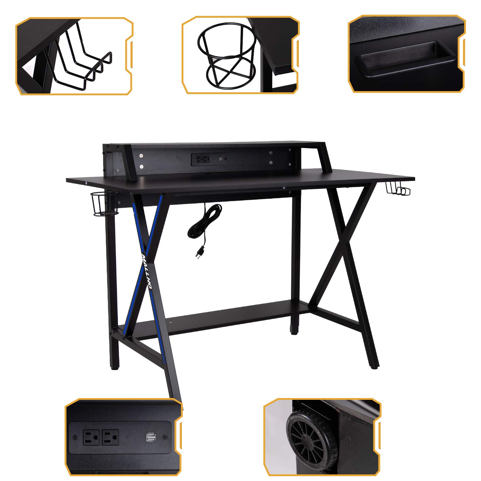 Polar Aurora X-Shaped Gaming Desk 47.5" W x 23.5" D Home Office Computer Table, Black Gamer Workstation w/a Monitor Stand, Cable Management Hole and Built-in Multi-Function Socket(Blue)