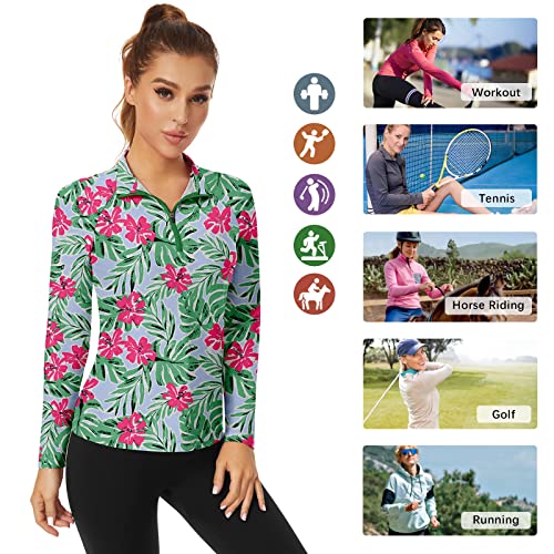 Women's Golf Shirt Long Sleeve 1/4 Zip Pullover Tennis Shirts Running Hiking Outdoor Tops (Print C, XXL)