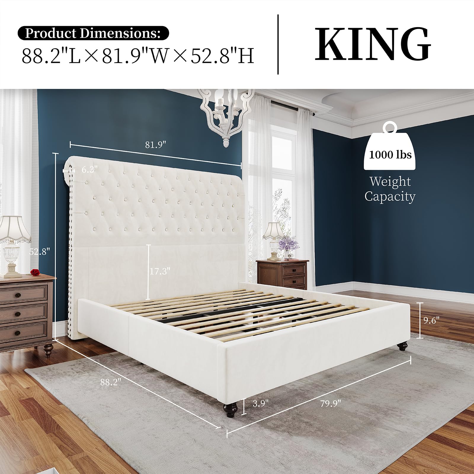 PaPaJet Bed Frame Queen Size Upholstered Platform Bed with 52.8'' Tall Sleigh Headboard, Button Tufted, No Box Spring Needed, Easy Assembly, Cream