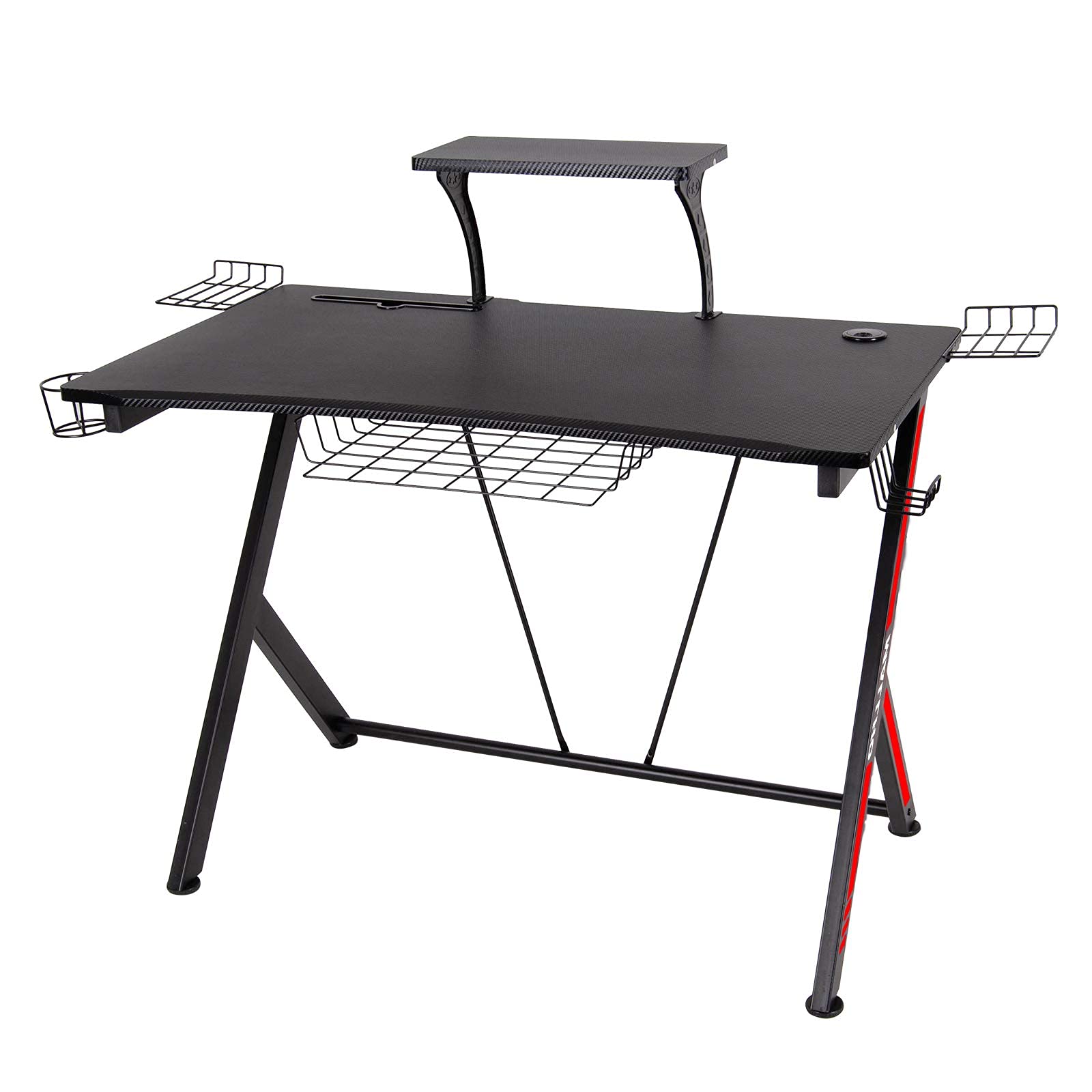 Polar Aurora Y-Shaped Gaming Desk 41.6" W x 24" D Home Office Computer Table, Black Gamer Workstation with Monitor Stand, a Cup and Headphone Hook, Cable Management Hole and a Under-Desk Basket(RED)