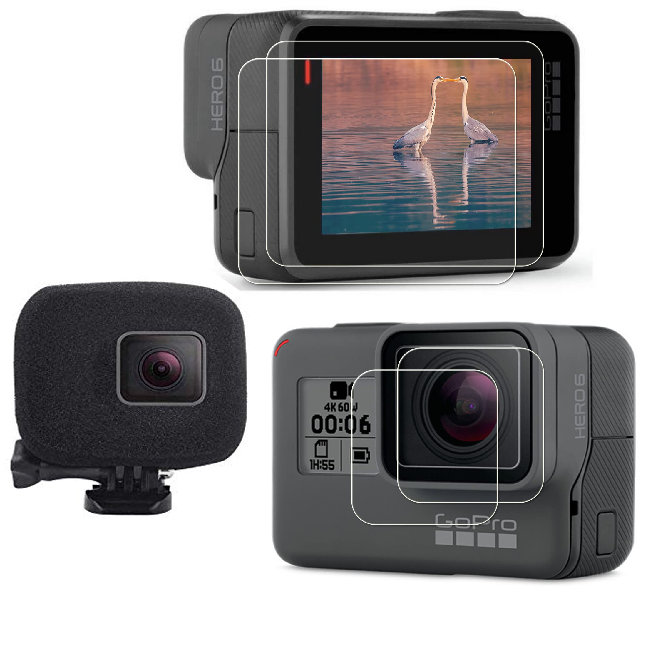 PCTC Windscreen Foam Windshield Windslayer Housing for Gopro Hero 7 6 5 Black Case Cover + 2 LCD Screen Protector 2 Lens Protector Reduces Wind Noise for Optimal Audio Recording