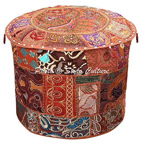 Stylo Culture Indian Pouffe Ottoman Cover Round Patchwork Embroidered Pouf Brown Cotton Floral Traditional Furniture Footstool Seat Puff (22x22x14) Bean Bag Home Decor