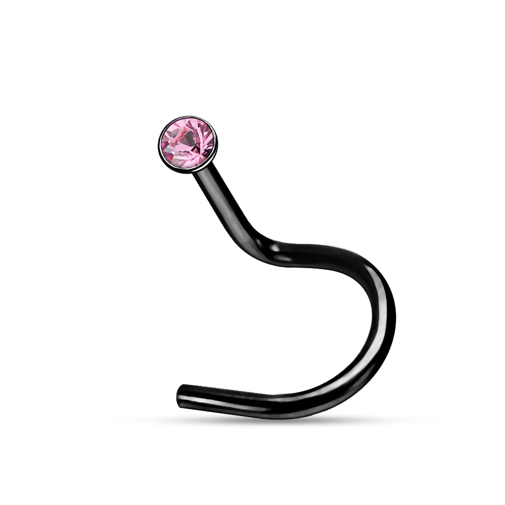Pink Gemstone 20 Gauge Black Anodized 316L Surgical Steel Nose Screw - Nose Stud Nose Piercing Jewelry