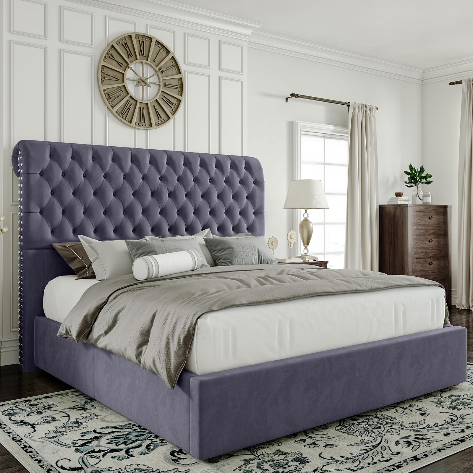 PaPaJet Lift Up Storage Bed Frame Queen Size with Headboard Upholsterd Sleigh Bed Storage Underneath/No Box Spring Needed/Easy Assembly/Silver Grey