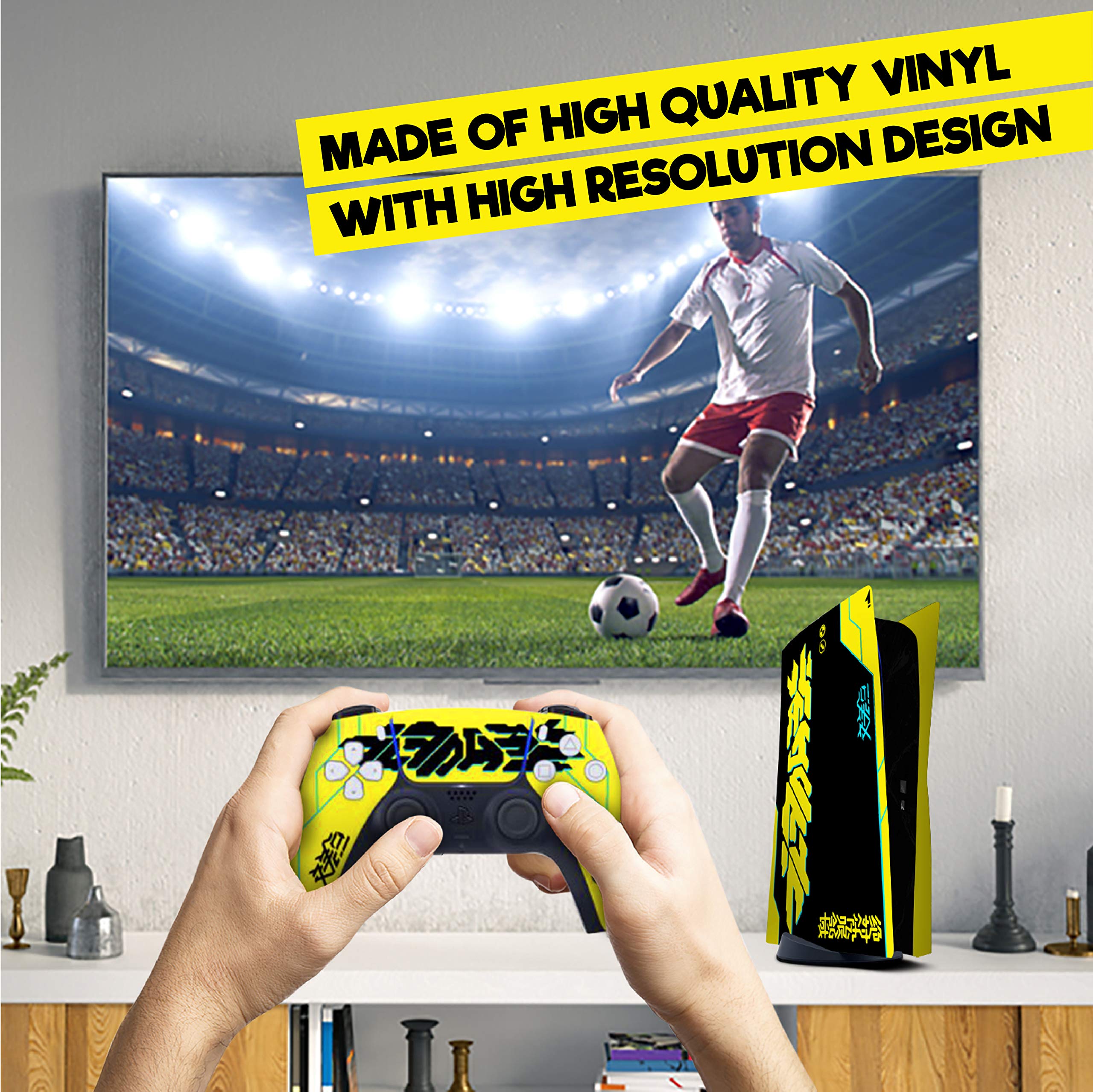 Ps5 Skin Yellow Cyber Protective wrap Cover Vinyl Sticker Decals for Sony Playstation 5 Disk Version Console and Two Dual Sense 5 Sticker ps5 Console and Controller