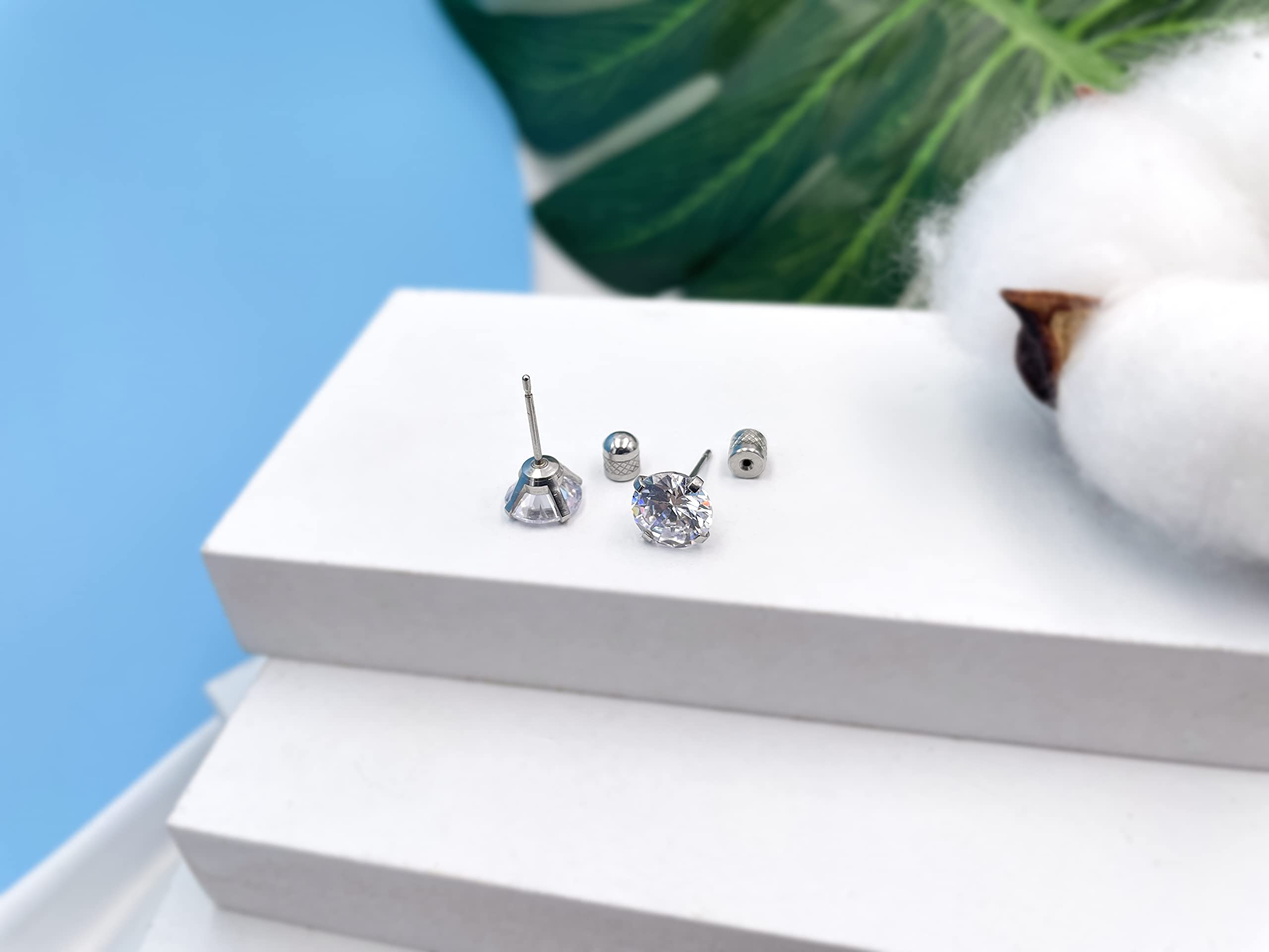 Women's Hypoallergenic Stainless Steel Cubic Zirconia Earrings Studs Set Multi-Pack, CZ Stud Earrings for Men 5 pairs 4-8mm (Silver)