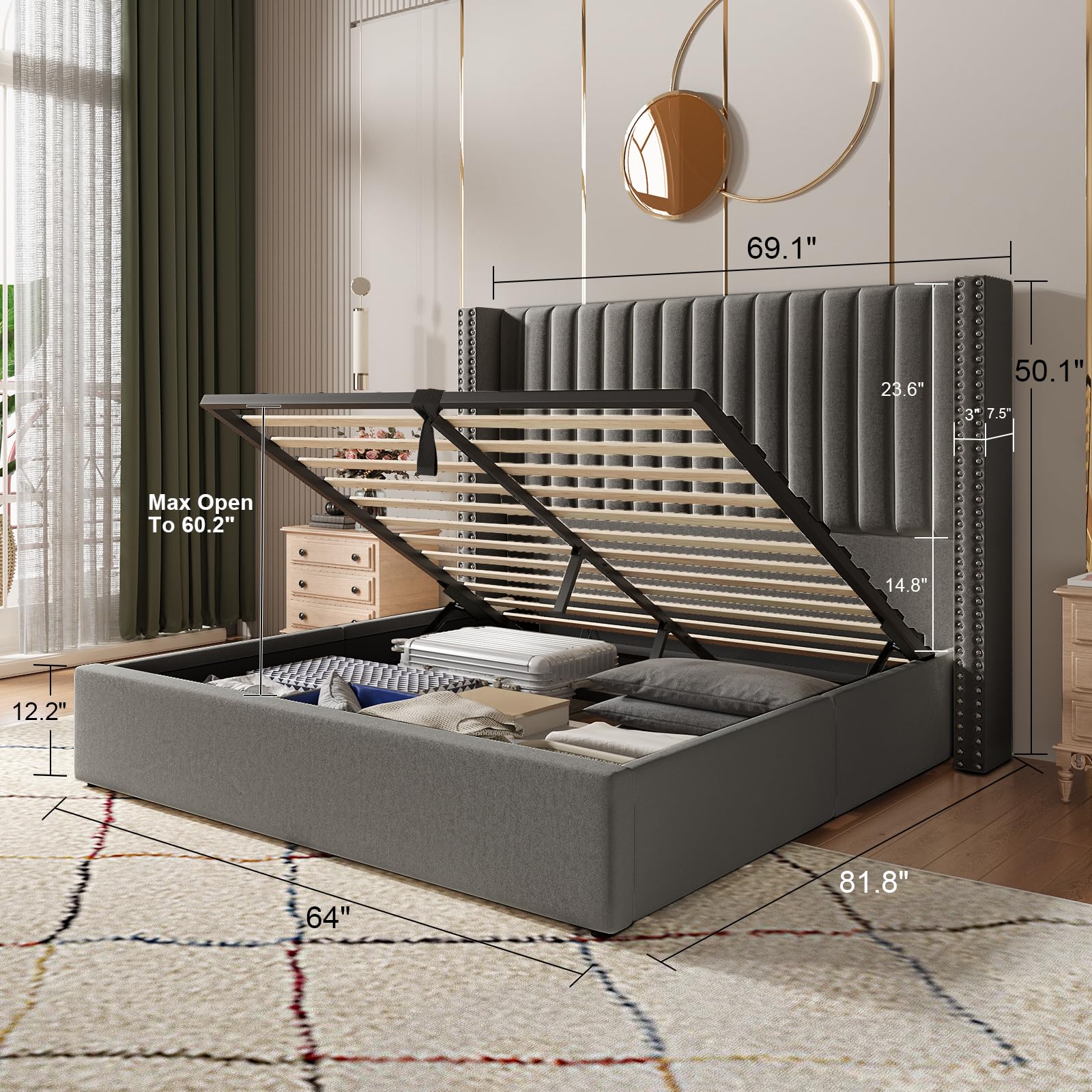 PaPaJet Queen Size Velet Upholstered Bed Frame Lift Up Storage Bed, Morden Wingback Bed Frame Platform with Storage Underneath/No Box Spring Needed/Easy Assembly/Grey
