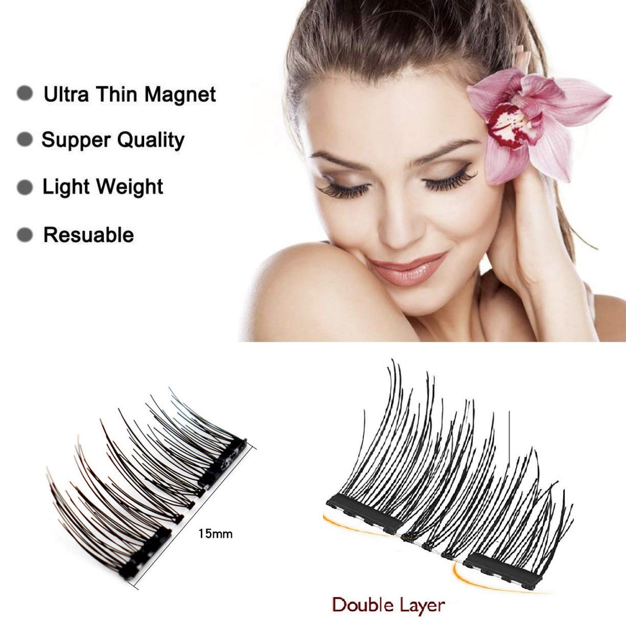 No Glue Dual Magnetic Eyelashes 0.2mm Ultra Thin Magnet Lightweight & Easy to Wear Best 3D Reusable Lashes Extensions (2 pairs with Tweezers) (black2)
