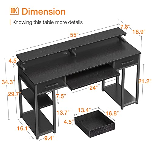 ODK Computer Desk, 55'' Office Desk with Keyboard Tray, Writting Desk with Drawers and Monitor Stand, Study Table with CPU Stand and Removable Shelf for Storage, Black