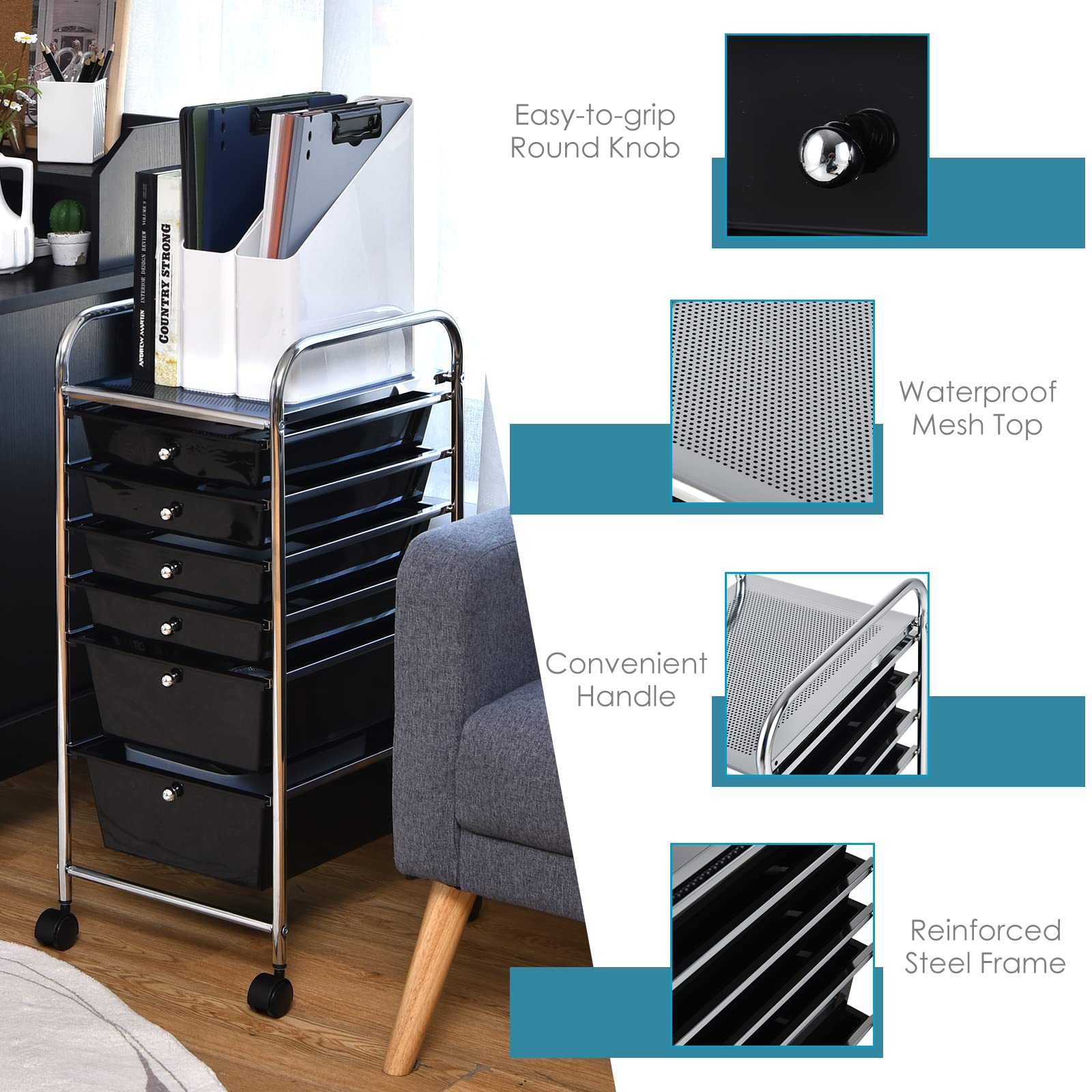 SILKYDRY 6-Drawer Rolling Storage Cart, Multipurpose Utility Drawers Cart with Wheels, Removable Drawers for Craft Scrapbook Tool Paper, Art Organizers and Storage for Home Office School (Black)