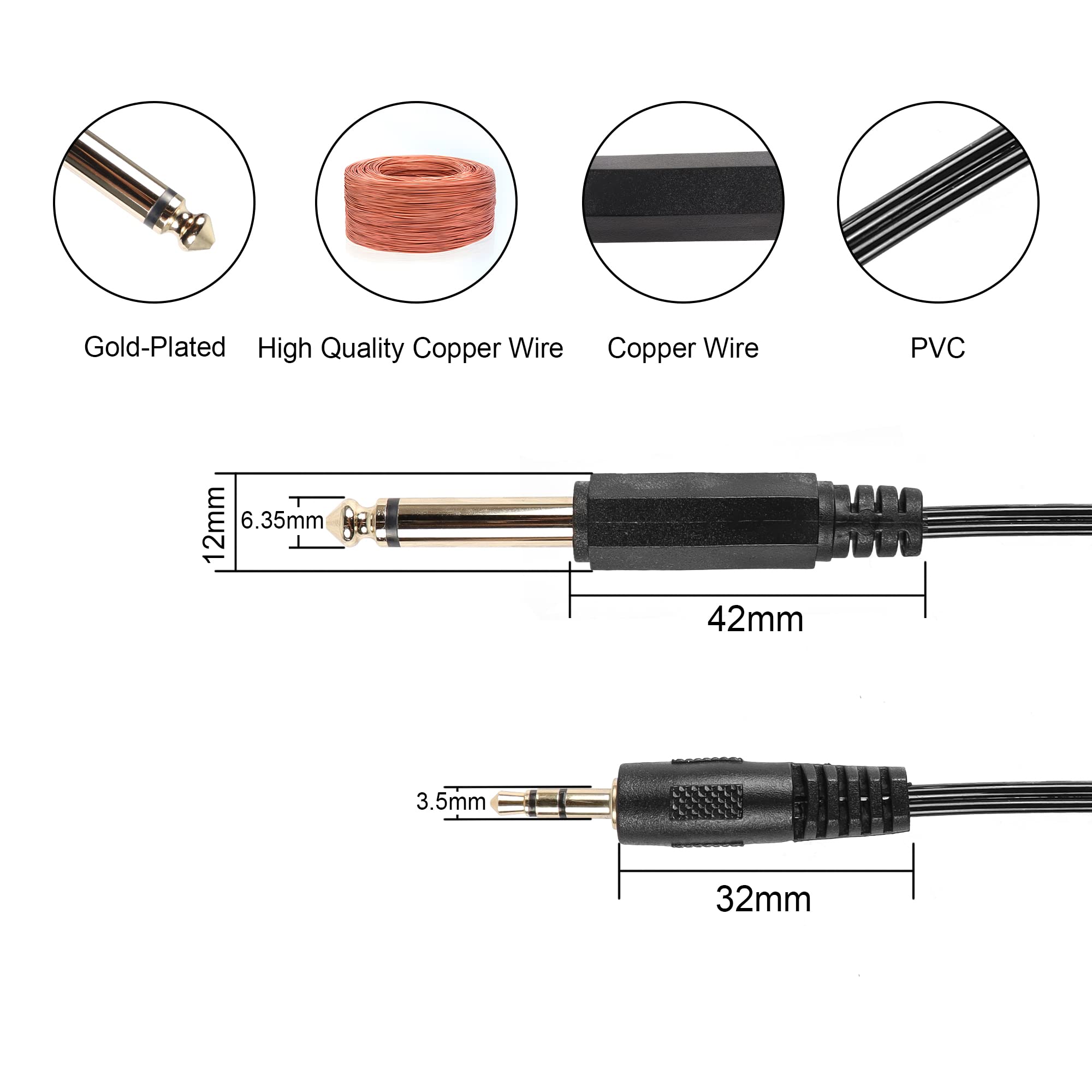 PNGKNYOCN 3.5mm TRS to 1/4 inch TS Cable,6.35mm (1/4 inch) Mono to 3.5mm (1/8 inch) TRS Stereo Interconnect Audio Coiled Cable for Headphone,Amp etc.