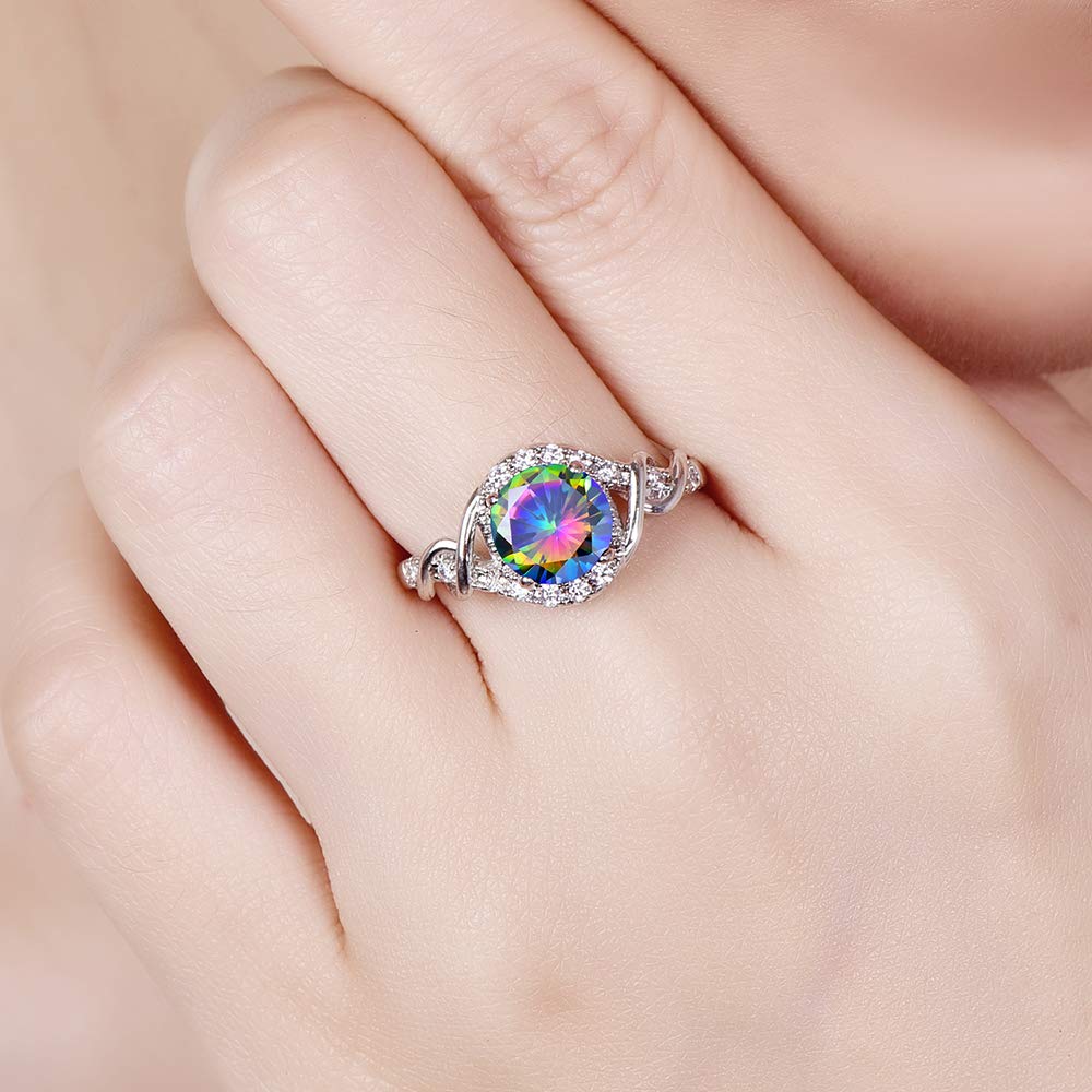 Psiroy 925 Sterling Silver Plated Created Rainbow Topaz Filled Anniversary Ring for Women Size 8