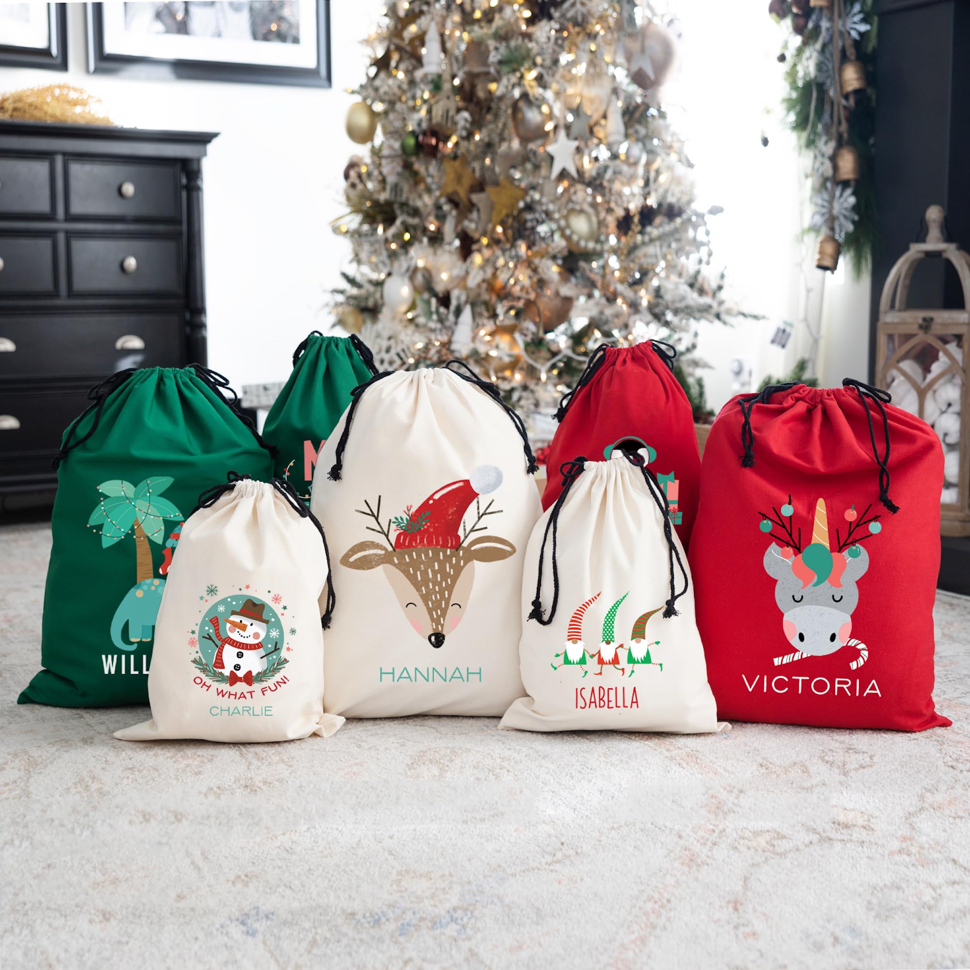 Qualtry Personalized Santa Sack Christmas Bag for Kids Presents (Snowman Design, Red 19.5” x 26”) - Large Cotton Sack with Drawstring - Giant Toy Bag with Name