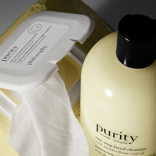 philosophy purity made simple one-step facial cleansing cloths - easily removes makeup, dirt & oil on the go - skin is left clean and comfortable with no rinsing needed - 30 ct.