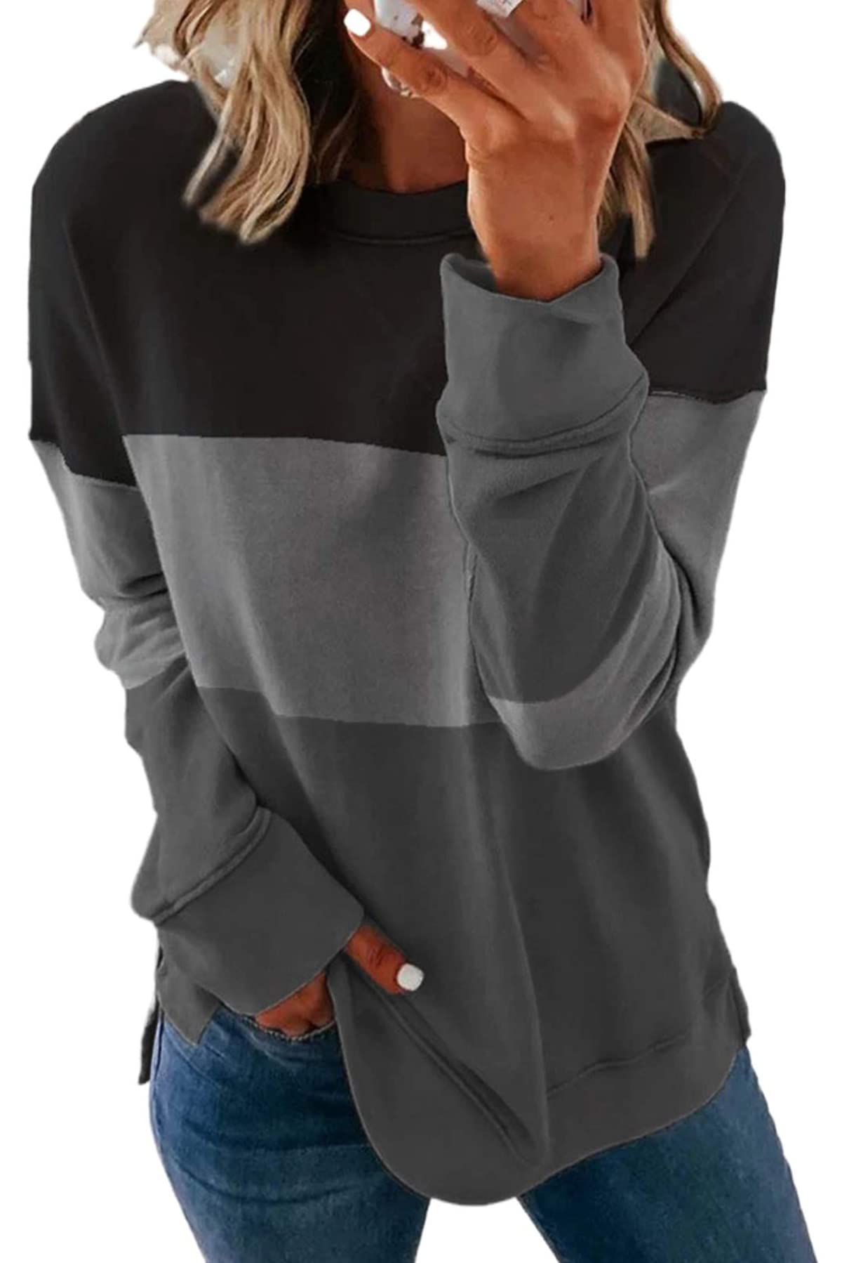 URMOSS Womens Casual Long Sleeve Crewneck Sweatshirt Color Block Lightweight Loose Pullover Tops Shirts (Multi Black,S)