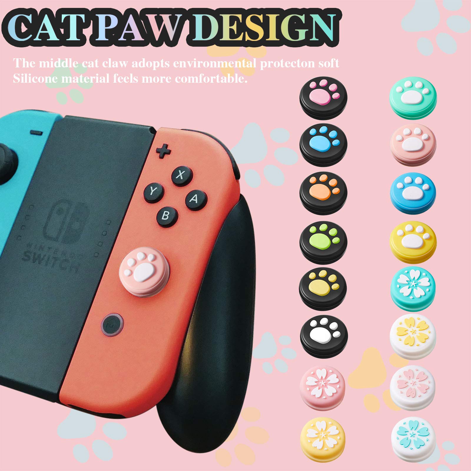 Skylety 34 Pieces Replacement Cute Cat Claw and Flower Design Thumb Grip Thumb Grips Analog Stick Cover Joystick Silicone Cover Compatible with Nintendo Switch, Switch Lite and Joy-Con Controller