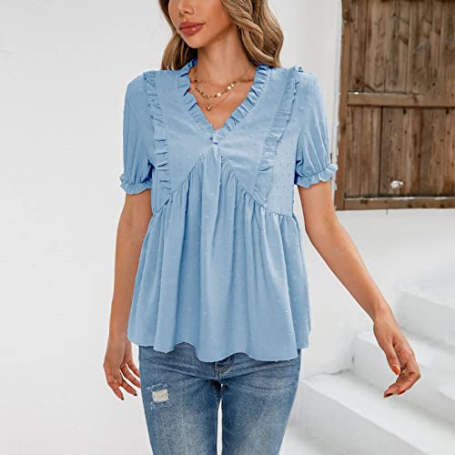 Women's Summer Plain Short Sleeve Tunic Tops Baggy Work T Shirt Loose Vacation Tops Casual Tops Blue