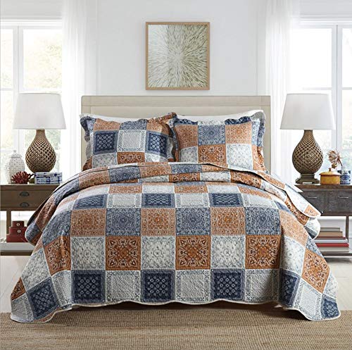 Qucover Quilts Queen Size 3-Piece Microfiber Polyester Reversible Brown Grey and Blue Patchwork Quilt with Shams, Lightweight Bedspreads Coverlet for Queen Beds, 90x98 Inch