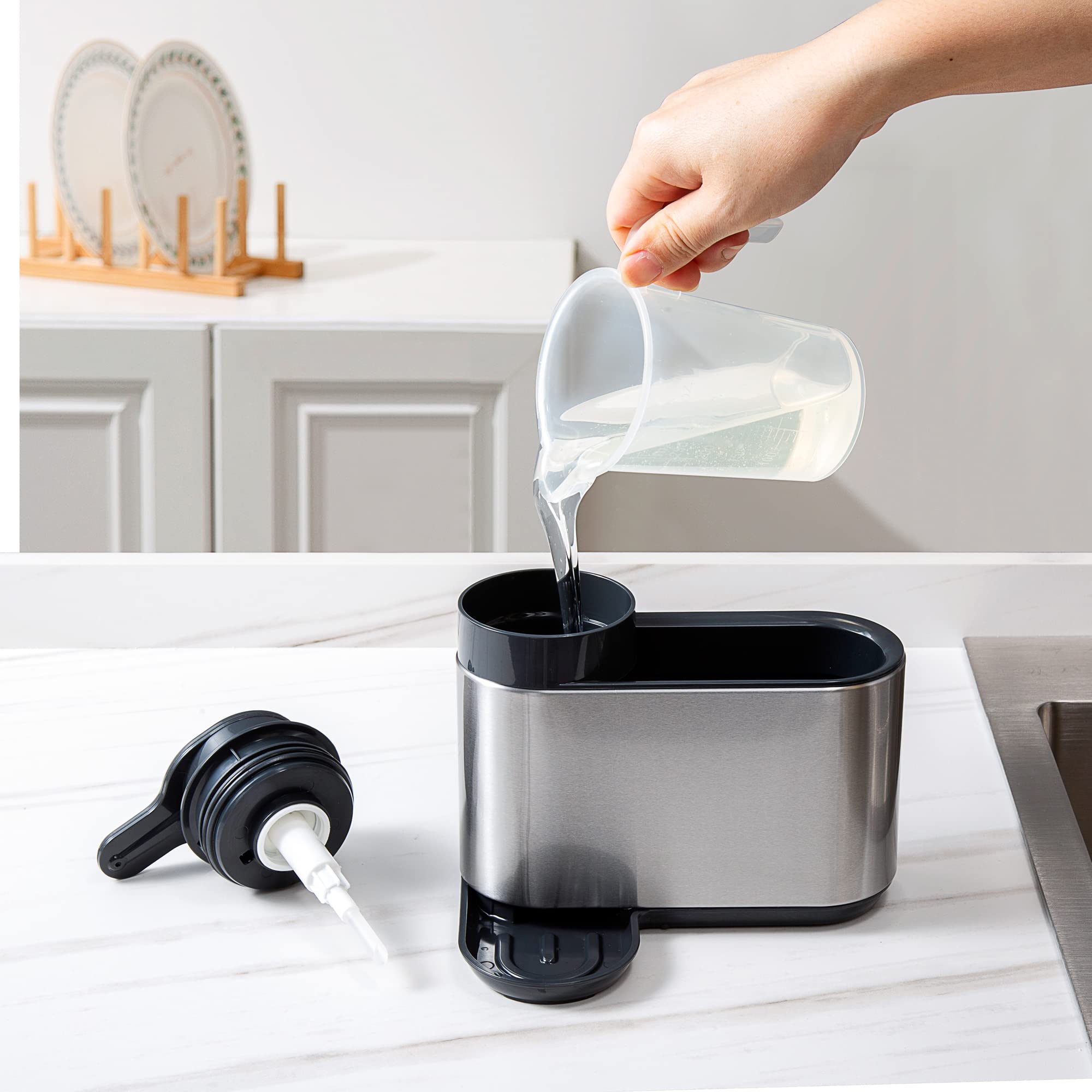 SDlumeiy Stainless Steel and Plastic Soap Dispenser with Sink Caddy, Stainless Steel Sponge Holder, Brush Holder, Kitchen Sink Organizer 7x5x6.4 inches Silver Gray