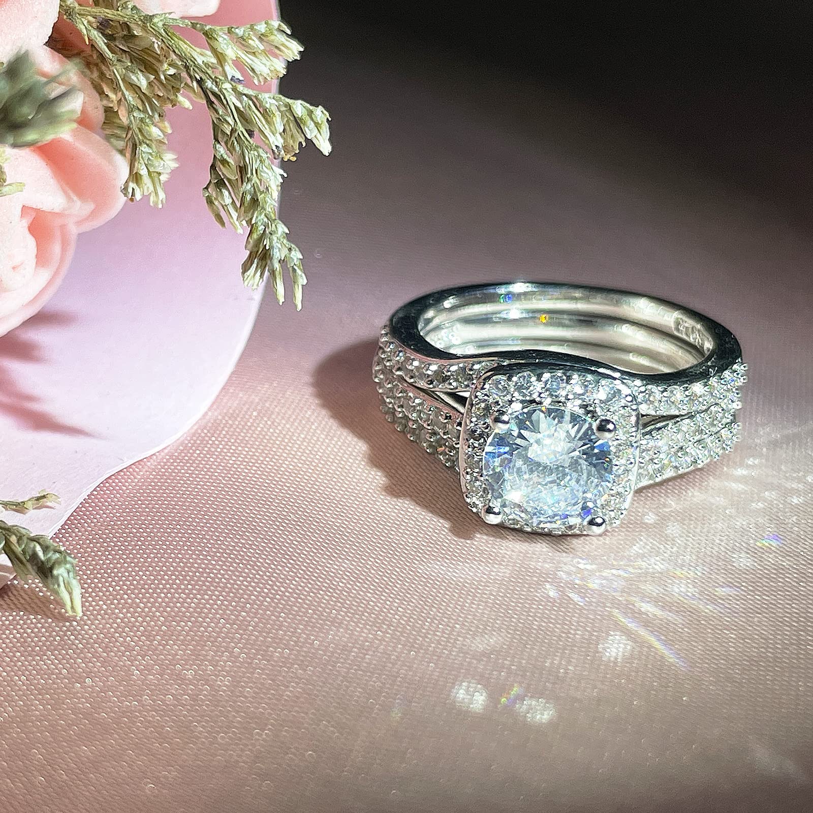 YOYEEWYNS 18K White Gold Three-in-One Halo Wedding Bridal Ring Set for Women Cubic Zirconia Engagement Eternity Rings Size 7