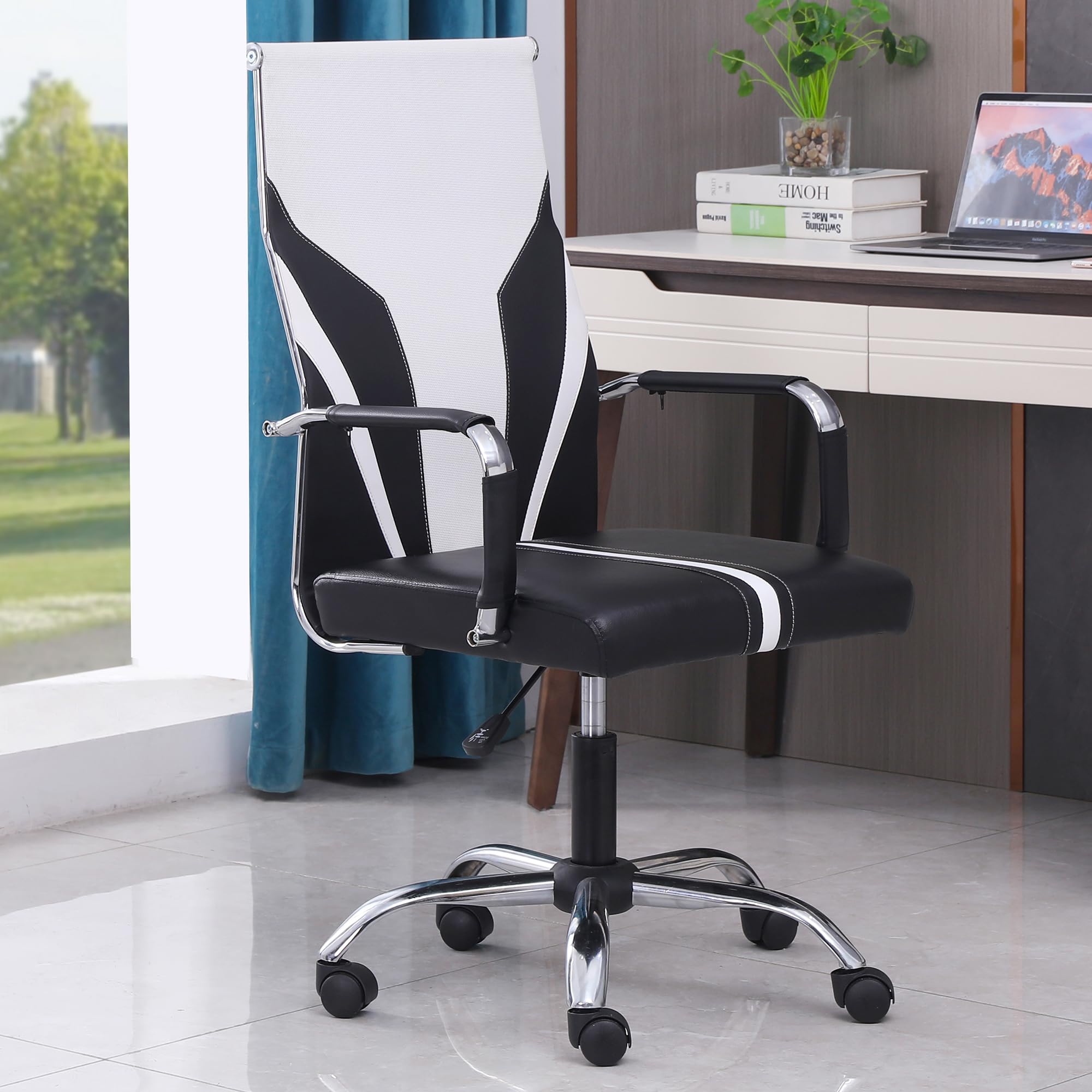 Office Desk Chair with Wheels Arm, Leather Home Office Chair Ergonomics Computer Desk Chairs in Bulk Office Chair Sturdy Black and White