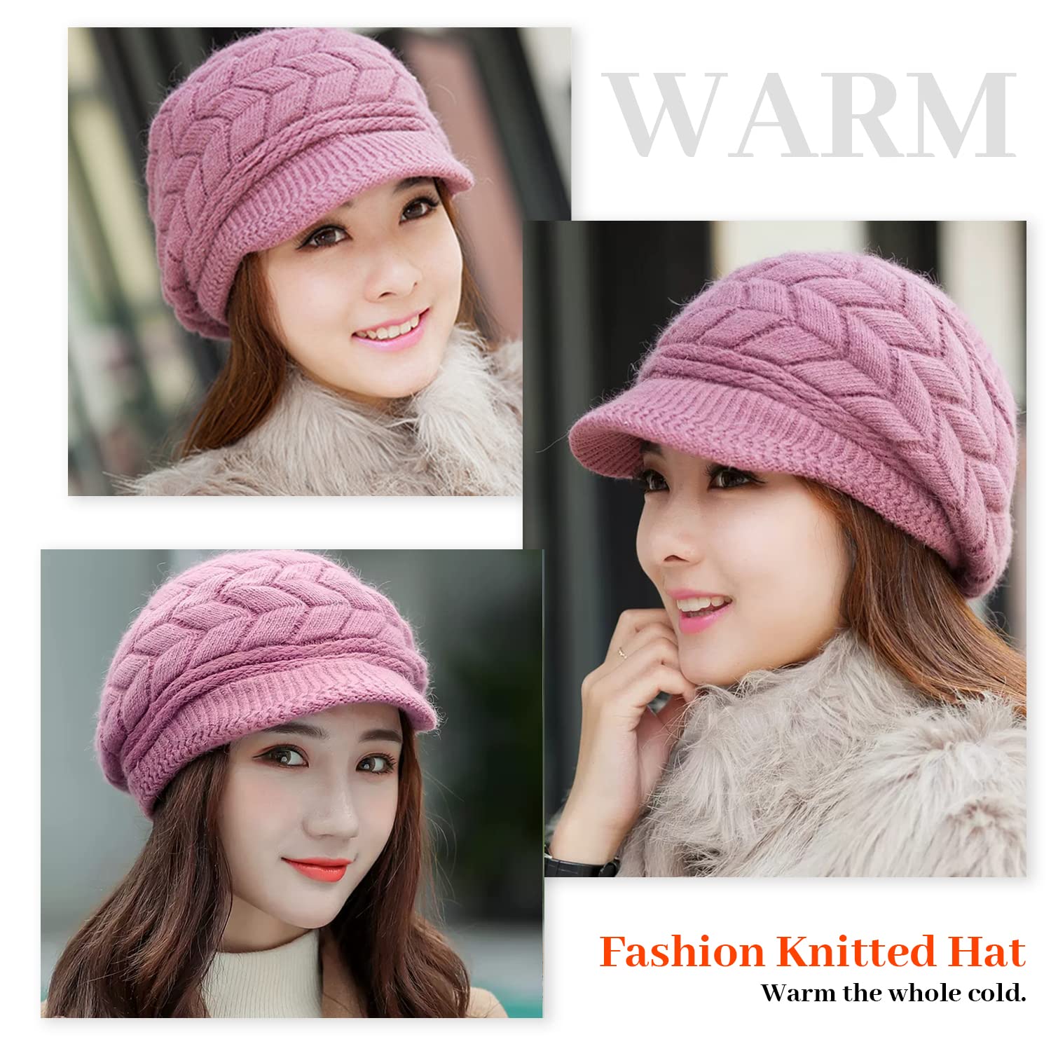 Weradau Women Winter Hat,Soft Wool Knit Beanie Hat for Women,Fleece Lined Snow Ski Caps Slouchy Winter Hat with Vsior
