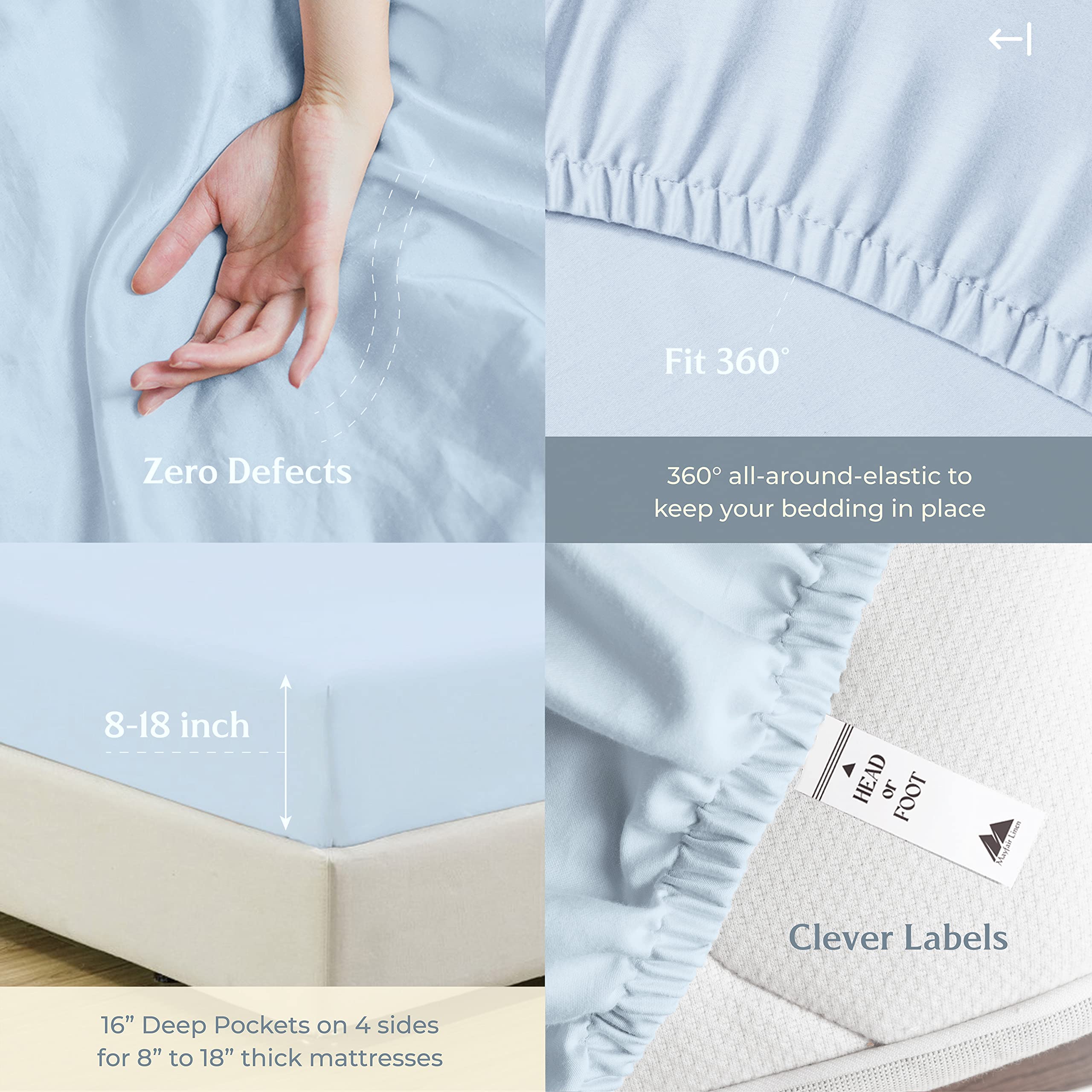 Mayfair Linen 100% Cotton Sheets for Queen Size Bed - Luxury 500 Thread Count Queen Sheet Set, 4 PC Sateen Weave Queen Light Blue Cotton Sheets, Ultra Soft, Deep Pocket Cooling Sheets Queen Size
