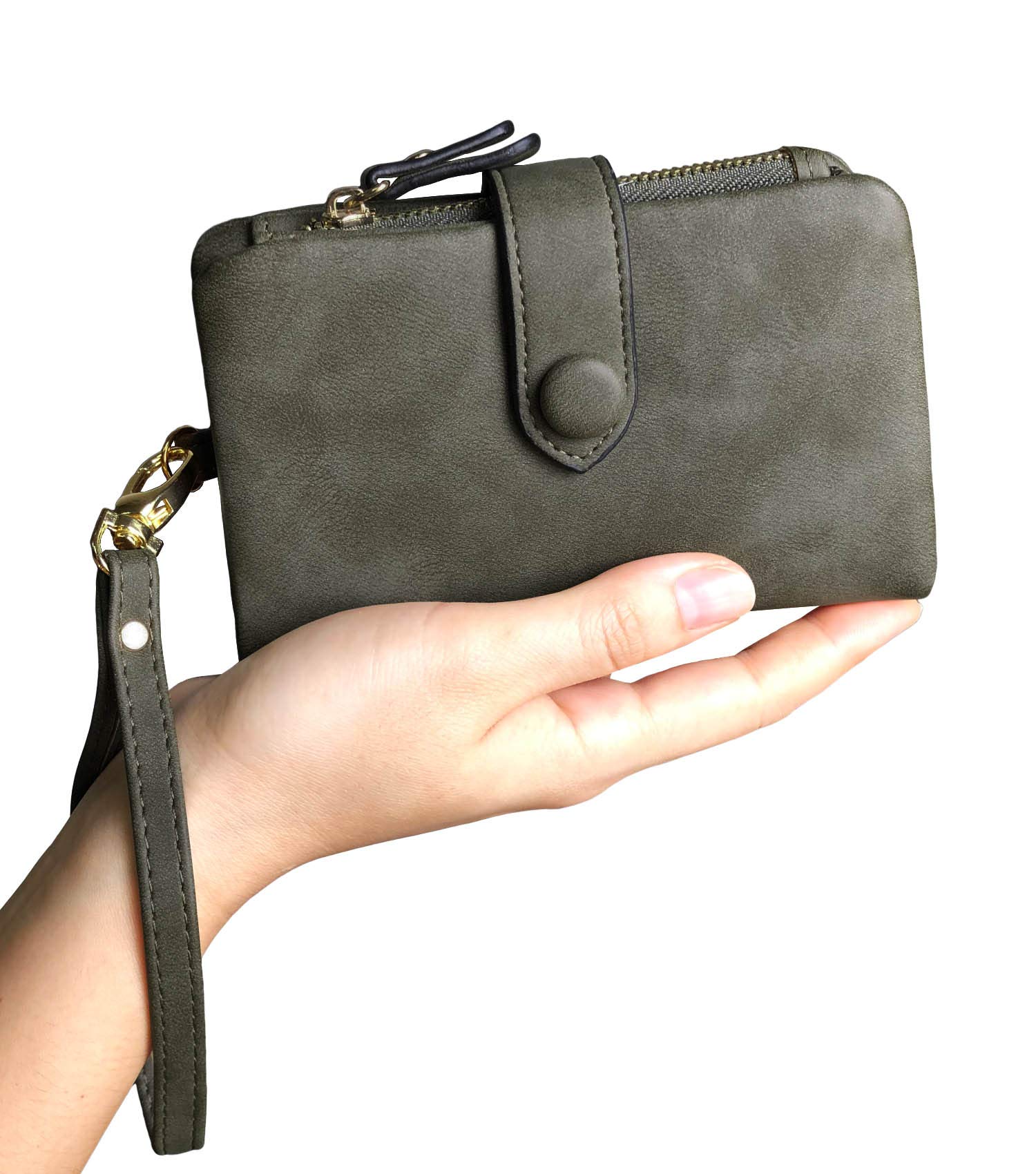 PofeeXIO Womens Small Bifold Leather Wallets Rfid Ladies Wristlet with Card slots id window Zipper Coin Purse (Army Green)