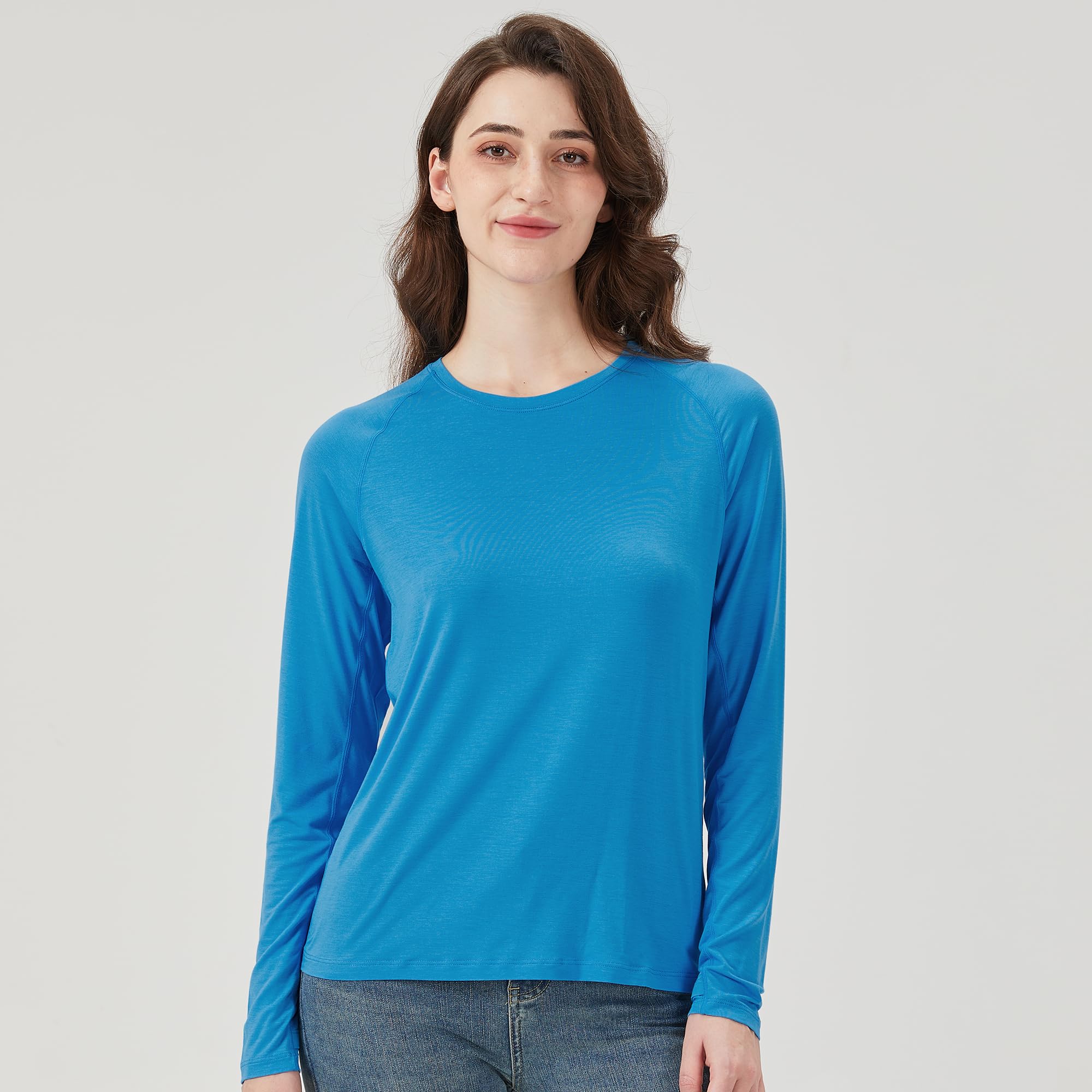 Women's Ultra Lightweight Bamboo Viscose Workout Shirt UPF 50+ Soft Outdoor Long Sleeve Hiking Tops with Thumbholes, Light Blue, X-Large