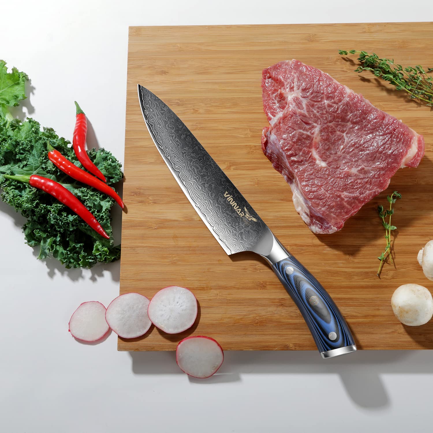 VINNAR Damascus Chef Knife, Japanese VG-10 Super Sharp 8 inch Professional Kitchen Knives, Ergonomic Blue G10 Handle,Sharpest Cooking Knife Best Choice for Home Kitchen and Restaurant