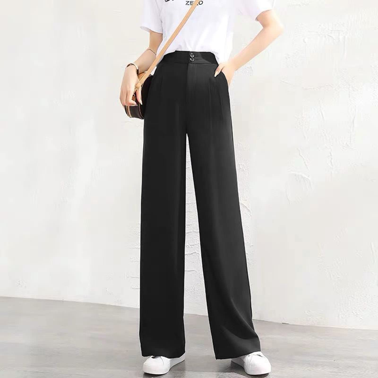 Women's Wide Leg Pants High Elastic Waisted in The Back Business Work Trousers Long Straight Fleece Sweatpants