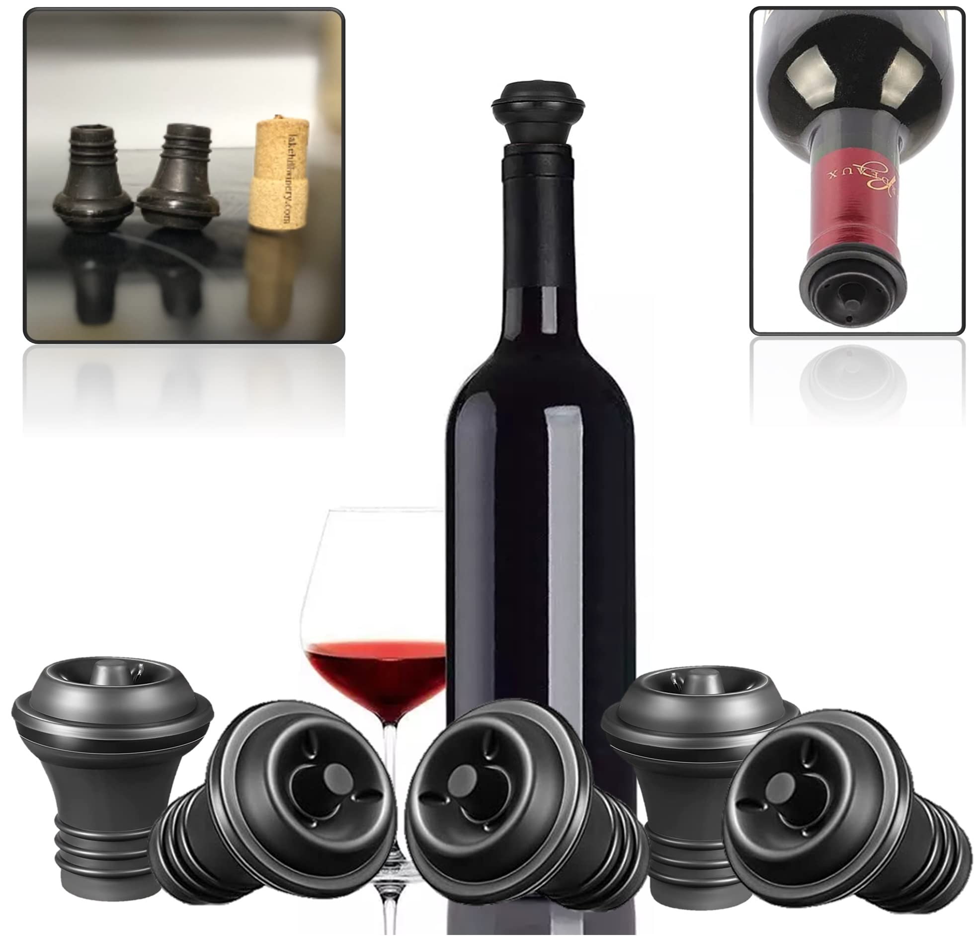 Wine Stoppers For Wine Bottles β 5 Vacuum Wine Corks for Wine Bottles and 1 Rubber Wine Sealer for Wine Bottles Best Wine Bottle Corks - in Gift Box