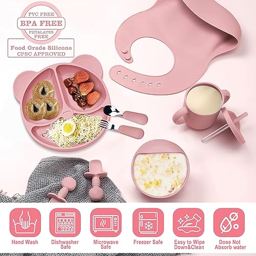 Silicone Baby Feeding Set 10 Pack, Baby Led Weaning Supplies with Suction Bowl Divided Plate, Toddler Self Feeding Dish Set with Bib and Plate, Spoon and Fork, Nipple and Teether, Sippy Cup and Lid