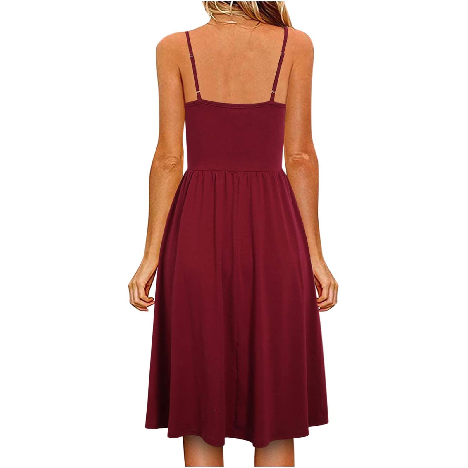 YMUQEIGH Women's Casual Beach Summer Dresses Solid Color A-Line Spaghetti Strap Button Down Sundress Sexy V Neck Midi Dress