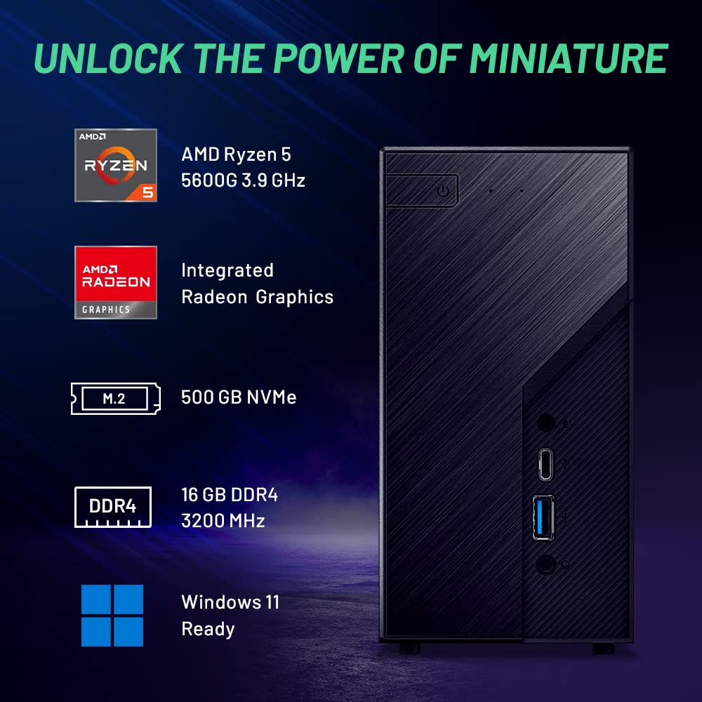 Skytech Gaming Mini PC X1 Gaming PC Desktop – AMD Ryzen 5 5600G 3.9 GHz, Radeon Graphics, 500GB NVME SSD, 16GB DDR4 SODIMM RAM, 120W AC Adapter/Wi-Fi, Windows 10 Home 64-bit,Black