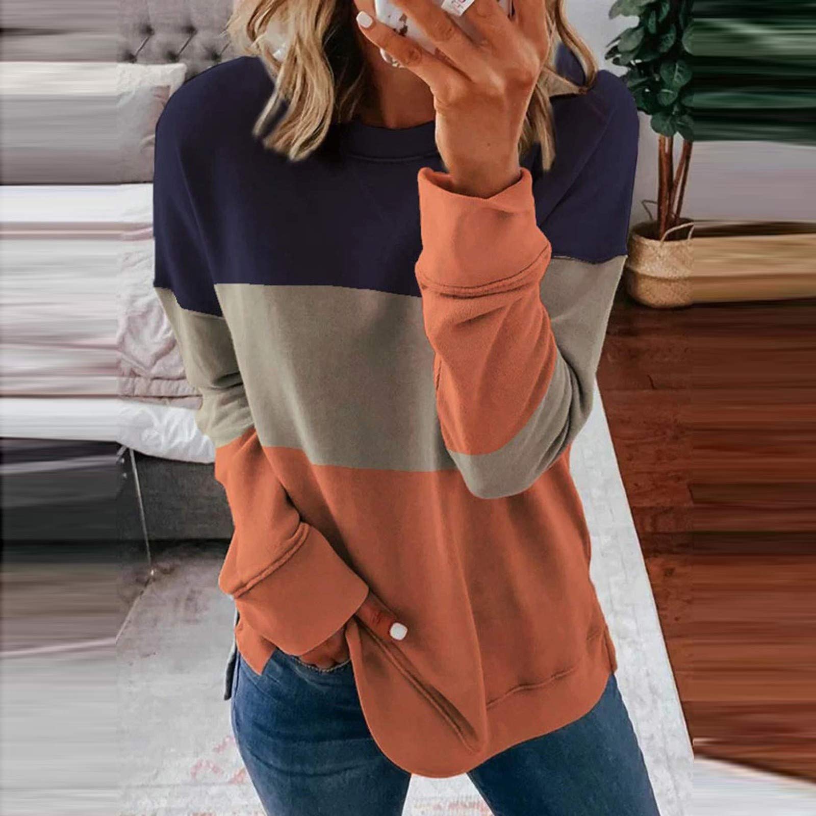 Womens 2022 Fall Clothes Plus Size Fashion Crewneck Sweatshirt Striped Pullover Tops Long Sleeve Classic Loose Shirts