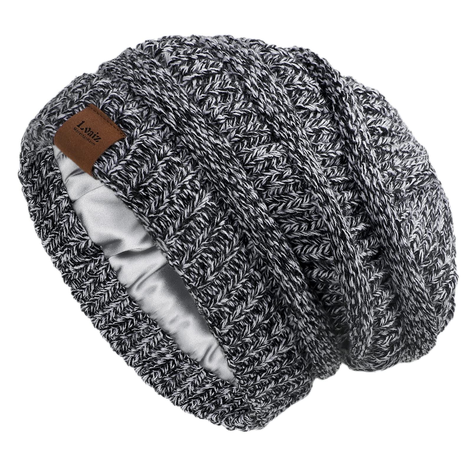 Womens Satin Lined Winter Cable Knit Beanie for Men Silk Lining Thick Chunky Cap Soft Slouchy Warm Hat (Mix Black)