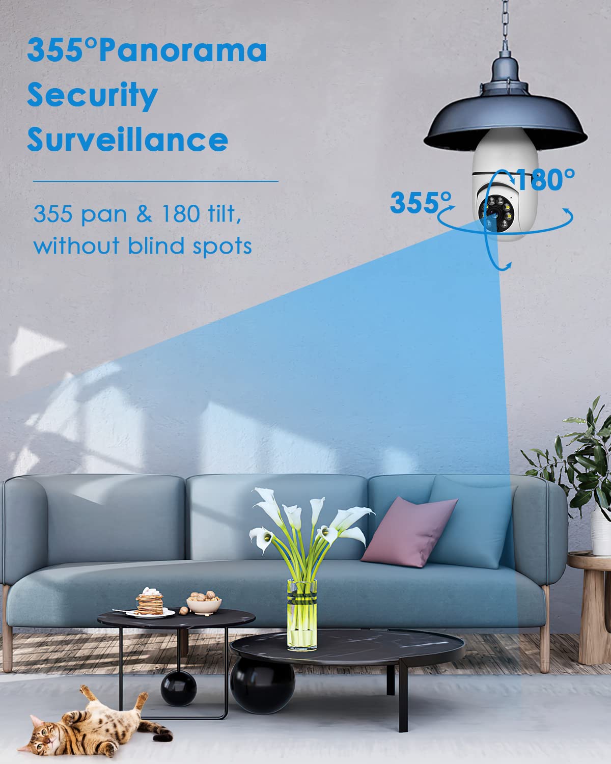 OFYOO Light Bulb Security Camera 2.4G/5G WiFi Security Cameras for Home Security Indoor 360° Panoramic Motion Detection and Alarm Two-Way Audio Based E27 Light Bulb Socket