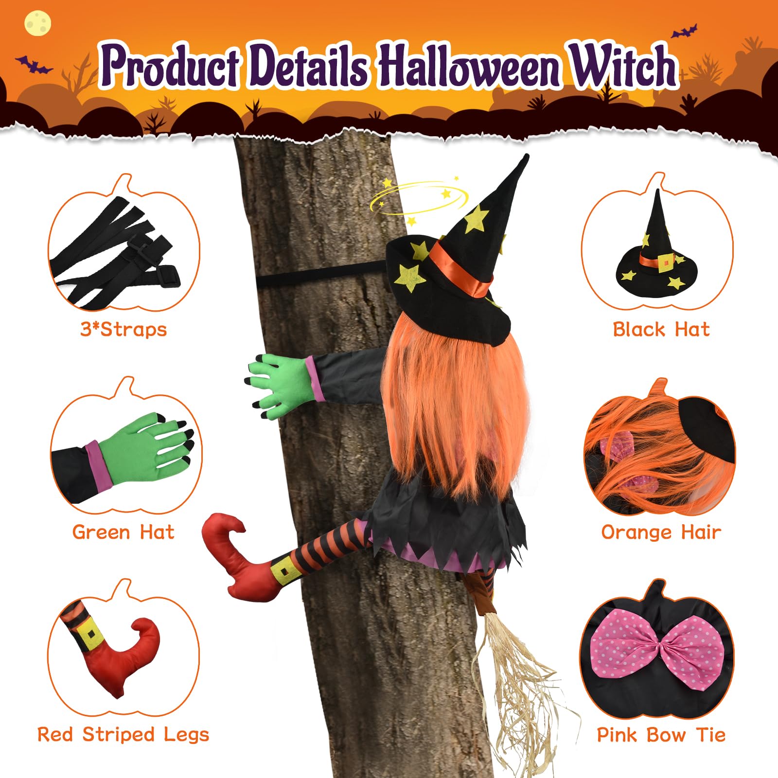 SHAVINGFUN Crashing Witch Halloween Outdoor Decoration-Flying Crashed Witches,Crashing Witch into Tree Halloween,Flying Witch Decor for Front Yard, Tree, Porch, Outdoor Lawn
