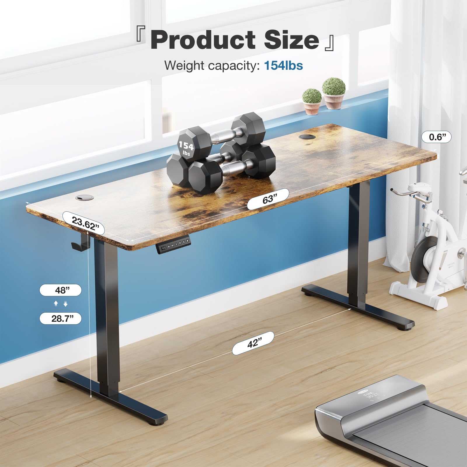 NEWBULIG Electric Height Adjustable Sit Stand Home Office Computer Desks with Drawer, 63" x 24" Inches, Rustic Top and Black Frame