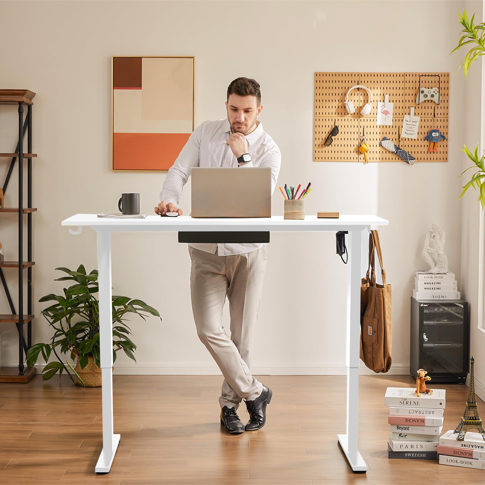 NEWBULIG Electric Height Adjustable Sit Stand Home Office Computer Desks with Drawer, 40 Inch, White Top and Frame