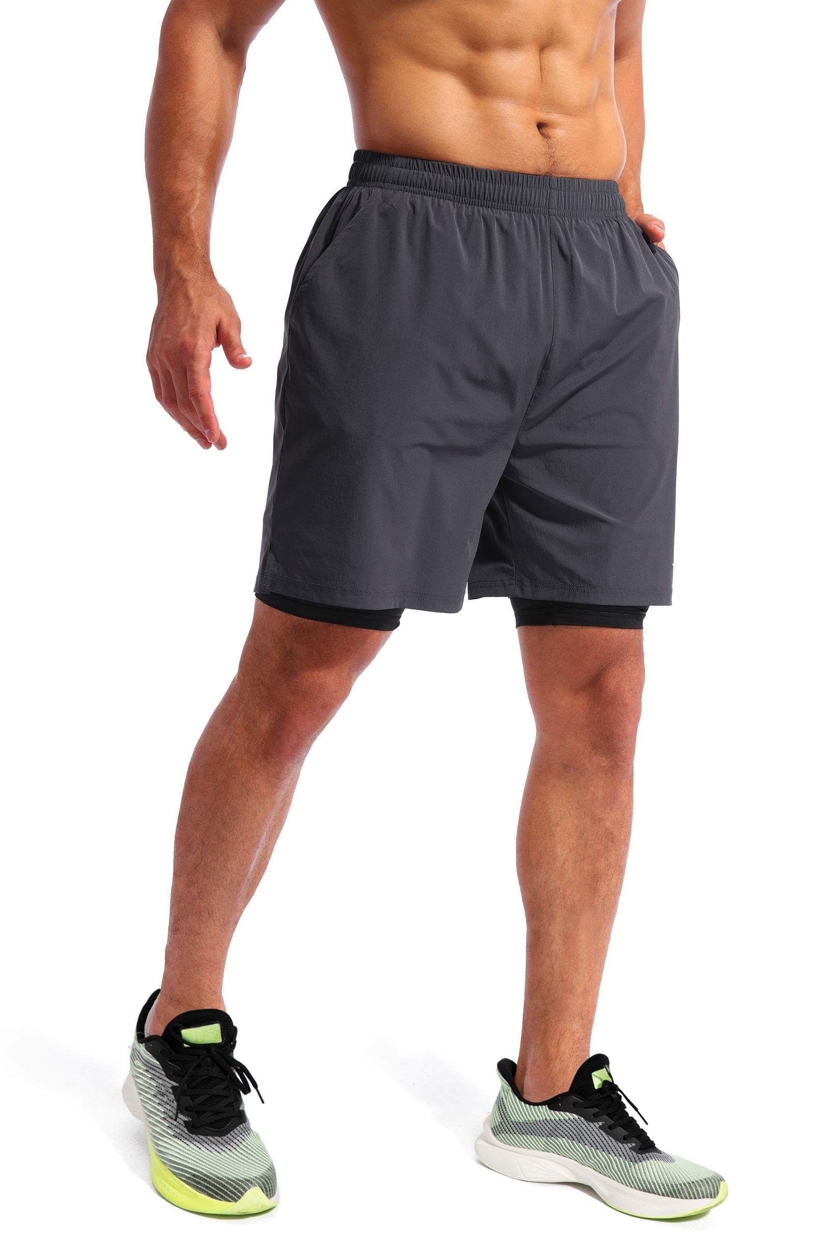 Pudolla Men’s 2 in 1 Running Shorts 7" Quick Dry Gym Athletic Workout Shorts for Men with Phone Pockets(Dark Grey Large)